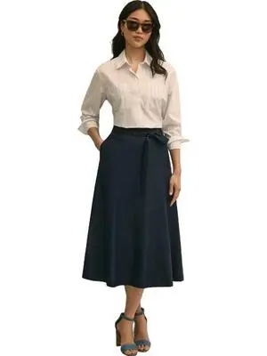 Brooks Brothers Brooks Brothers Linen-Blend Belted A-Line Skirt Navy