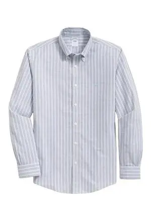 Brooks Brothers Stretch Cotton Non-iron Oxford Polo Button Down Collar, Striped Shirt - Hydrangea