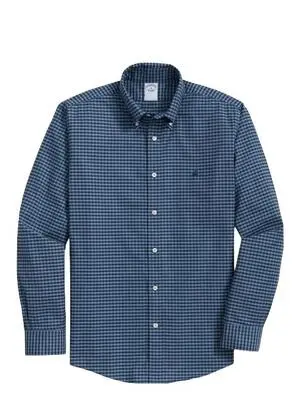 Brooks Brothers Stretch Cotton Non-iron Oxford Polo Button Down Collar, Gingham Shirt - Blue