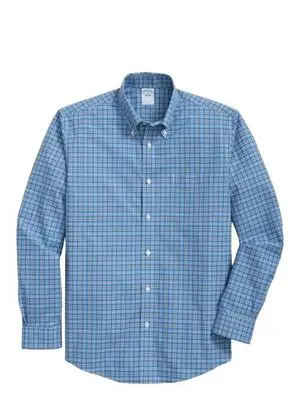 Brooks Brothers Stretch Cotton Non-iron Polo Button Down Collar, Checked Shirt - Blue