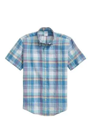 Brooks Brothers Irish Linen Polo Button Down Collar, Checked Short-sleeve Shirt - Blue
