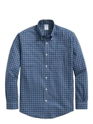 Brooks Brothers Stretch Supima Cotton Non-iron Oxford Polo Button Down Collar Windowpane Shirt - Dark Blue
