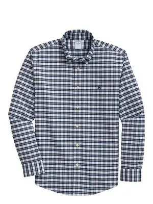 Brooks Brothers Stretch Cotton Non-iron Oxford Polo Button Down Collar, Checked Shirt - Navy
