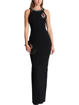 Balmain Long Sleeveless Embroidered Velvet Dress - Black