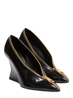 Balmain Zip Wedge Pumps In Patent Leather - Black