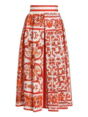 Dolce & Gabbana Maiolica Print Cotton Midi Skirt - Orange