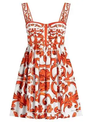 Dolce & Gabbana Maiolica Print Cotton Mini Dress - Orange