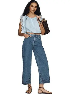 Ag Saige Mid-rise Crop Wide-leg Jeans With Laser-cut Floral Detail - Malbec