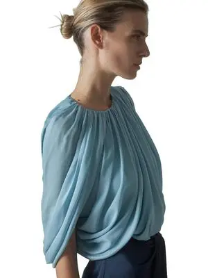 HEIRLOME Asymmetrical Draped Silk Top - Sky