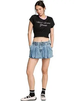 Pink Mesh Cropped T-shirt With Smocked Hem - Black