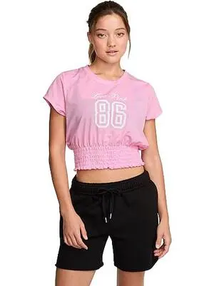 Pink Mesh Cropped T-shirt With Smocked Hem - Pink