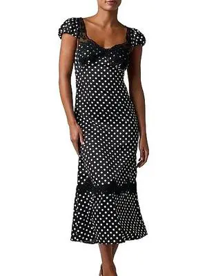 Victoria's Secret Polka Dot Midi Dress With Lace Trim - Black