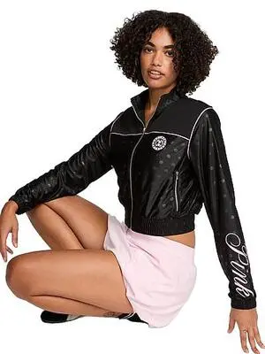 Pink Satin Mock Neck Full-zip Jacket With Polka Dot Print - Black