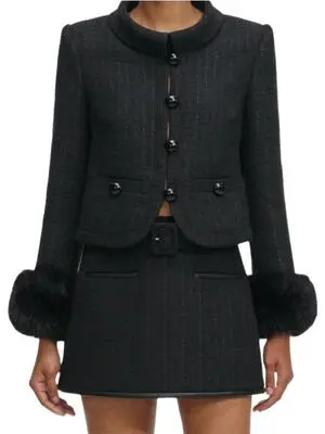 SELF-PORTRAIT Textured Blazer With Removable Faux Fur Cuffs - Black