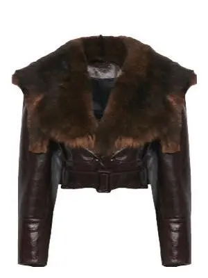 Chloé Cropped Leather Jacket With Fur Collar - Opaque Brown