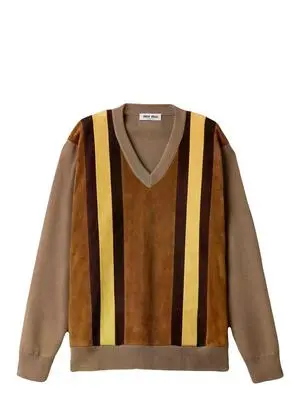 Miu Miu Wool And Suede V-neck Sweater - Brown