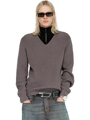 DIESEL® Ribbed V-neck Sweater With Layered Technical High Neck - Multicolor