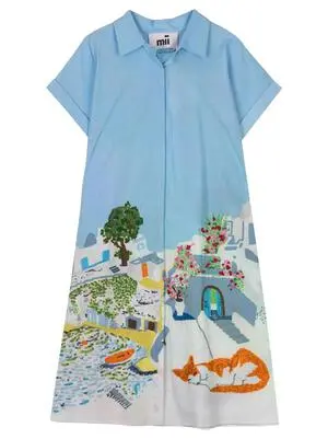 MII Elios Embroidered Graphic-print Shirt Mini Dress - Blue