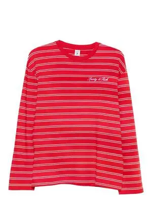 SPORTY & RICH Striped Logo-embroidered Long-sleeve Cotton T-shirt - Red