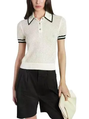 Alice + Olivia Open-knit Contrast-trim Polo Shirt - Neutrals