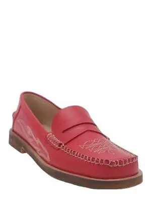 STIVALI NEW YORK Baldanaza Leather Western Embroidery Penny Loafers - Red