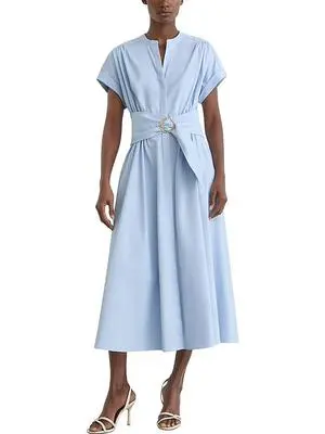 REISS Petite Cotton Blend Midi Dress With Belt - Blue
