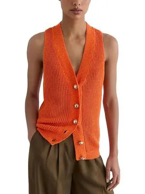 REISS Robin Linen V Neck Sweater Vest - Orange