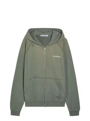 Acne Studios Distressed Logo Zip-through Hooded Sweatshirt - Grey