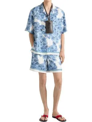 Givenchy Couture Seam Bermuda Shorts In Silk With Pompom Print - Blue
