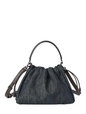 Brunello Cucinelli Mellow Small Bucket Bag In Cotton Denim-effect Twill With Monili - Blue