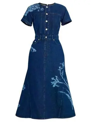 Erdem Indigo Floral Print Short Sleeve Dress - Blue