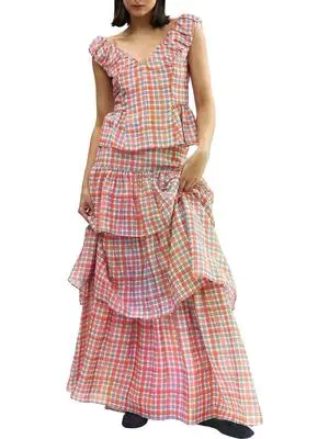 ASTON STUDIO Romane Tiered Plaid Maxi Skirt - Orange