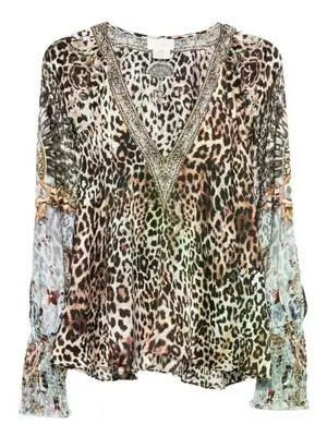 Camilla Leopard Print Crystal Embellished Blouse - Neutrals