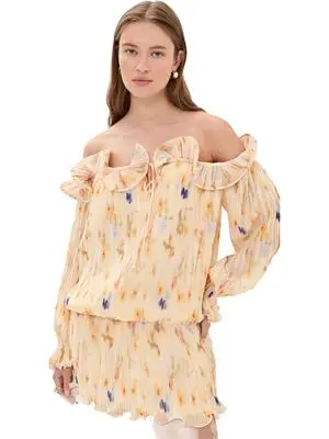 Line & Dot Potpourri Off-shoulder Mini Dress With Ruffle Trim - Multi
