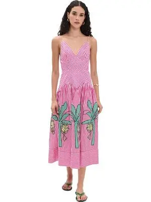 Farm Rio Palm Tree Cutwork Stripes Midi Dress - Multi