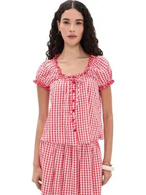 Splendid Gigi Gingham Check Puff Sleeve Top With Drawstring Neckline - Firework/white