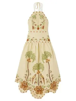 Farm Rio Embroidered Asymmetrical Hem Midi Dress - Beige