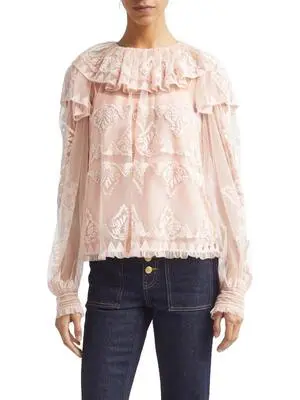 Ulla Johnson Ivy Floral Lace Embroidered Ruffle Tulle Blouse - Blush