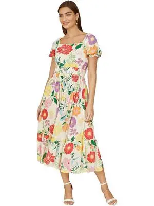 YUMI Short Sleeve Square Neck Floral Midi Dress - Multi