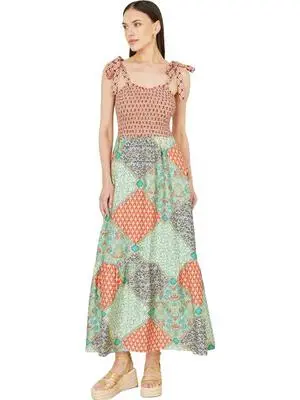 YUMI Viscose Patchwork Ruched Maxi Dress - Multi