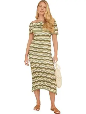 YUMI Stripe Crochet Knit Bardot Midi Dress - Green