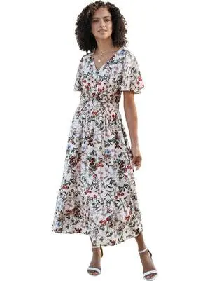 YUMI Botanical Print V-neck Midi Dress - Ivory