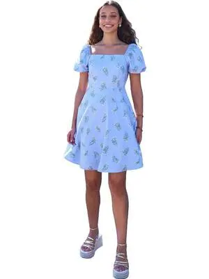 YUMI Cotton Floral Puff Sleeve Skater Dress - Blue