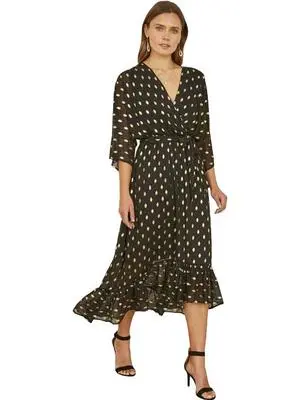 YUMI Foil Print Wrap Over Dress - Black