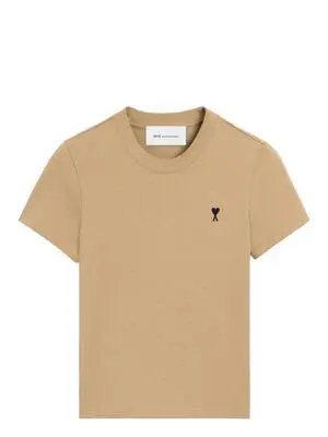 AMI Paris Cotton T-shirt With De Coeur Embroidery - Mastic Beige/black
