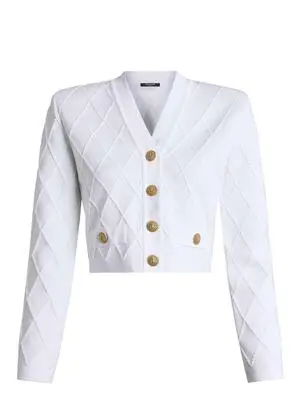 Balmain Cropped Knit Cardigan With Quilted Effect And Metal Buttons - White