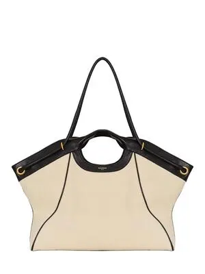 Balmain Large Tote In Smooth Leather And Canvas - Beige