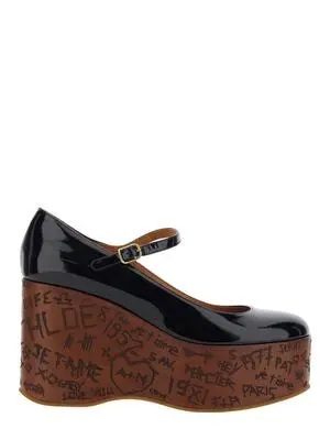 Chloé Patent Leather Mary Jane Platform Wedge Shoes - Black