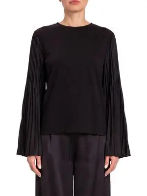 TWINSET U & B Cotton Blend Pleated Sleeve Top - Black