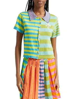 YANYAN Daisy Embroidered Stripe Pointelle Cardigan - Lime Multi